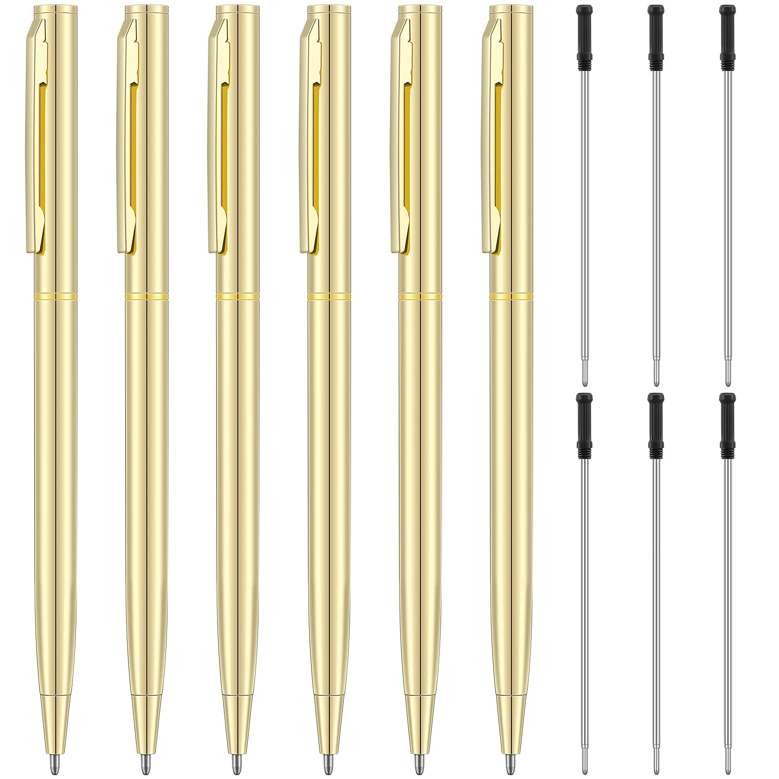 6 Pieces Metallic Ballpoint Pen Slim Retractable Ballpoint Pen Black Ink Metal Pen Mini Conical Ballpoint Pen and 6 Refills for Wedding Business Office Student Teacher, 1.0mm Medium Point (Gold)