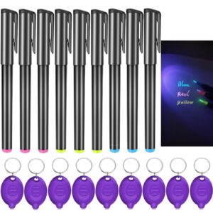 daemson invisible ink pen, spy pen with 9 pcs mini uv led keychain flashlight, disappearing ink magic pen with black light markers for secret notes, fit for christmas halloween holiday gifts (9 pcs)