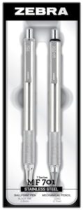 zebra pen m/f 701 stainless steel mechanical pencil and ballpoint pen set, fine point, 0.7mm hb lead and 0.8mm black ink, 2-count gift set, silver (10519)