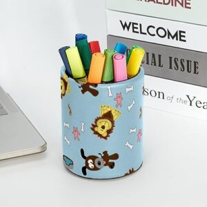 Large Capacity Round Pen Holder for Desk Cartoon Mini Animals Pencil Cup Organizer for Office, Classroom, Home, PU Leather Makeup Brush Holders