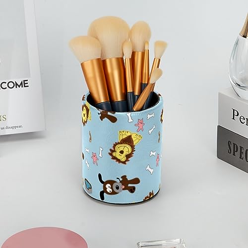 Large Capacity Round Pen Holder for Desk Cartoon Mini Animals Pencil Cup Organizer for Office, Classroom, Home, PU Leather Makeup Brush Holders