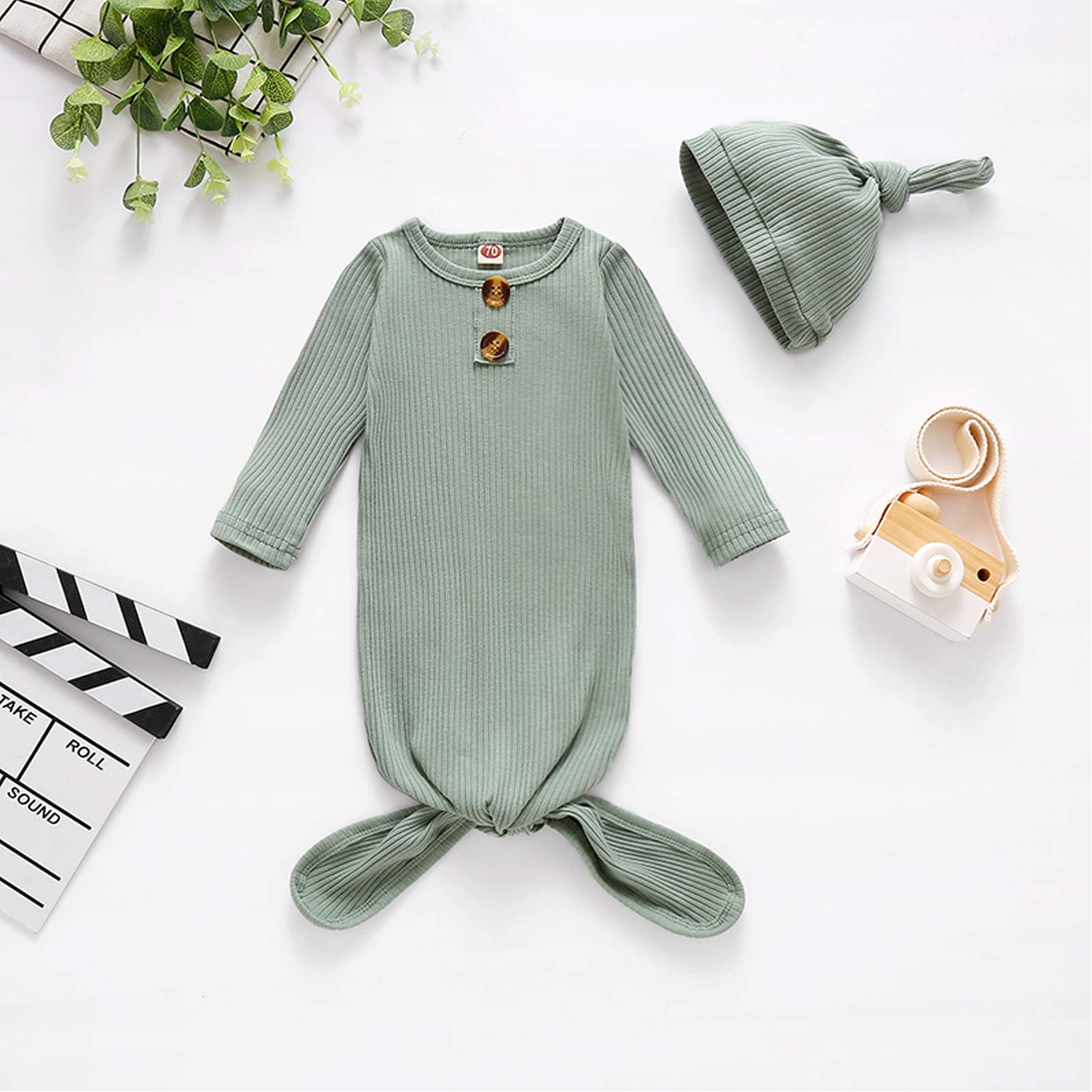 BASKOPA Baby Knotted Sleeper Gown Unisex Boys Girls Sleepsuits with Mitten Cuffs and Matching Hat Baby Coming Home Outfit Green