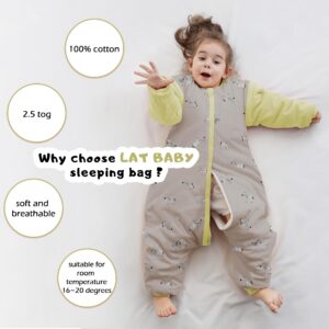 LAT Baby Sleep Bag with Feet Winter, Wearable Blanket with Legs, Warm Sack for Toddler Thicken 2.5 TOG-Sleepsuit Removable Sleeves,0-4T(Gray+Green Zebra,S)