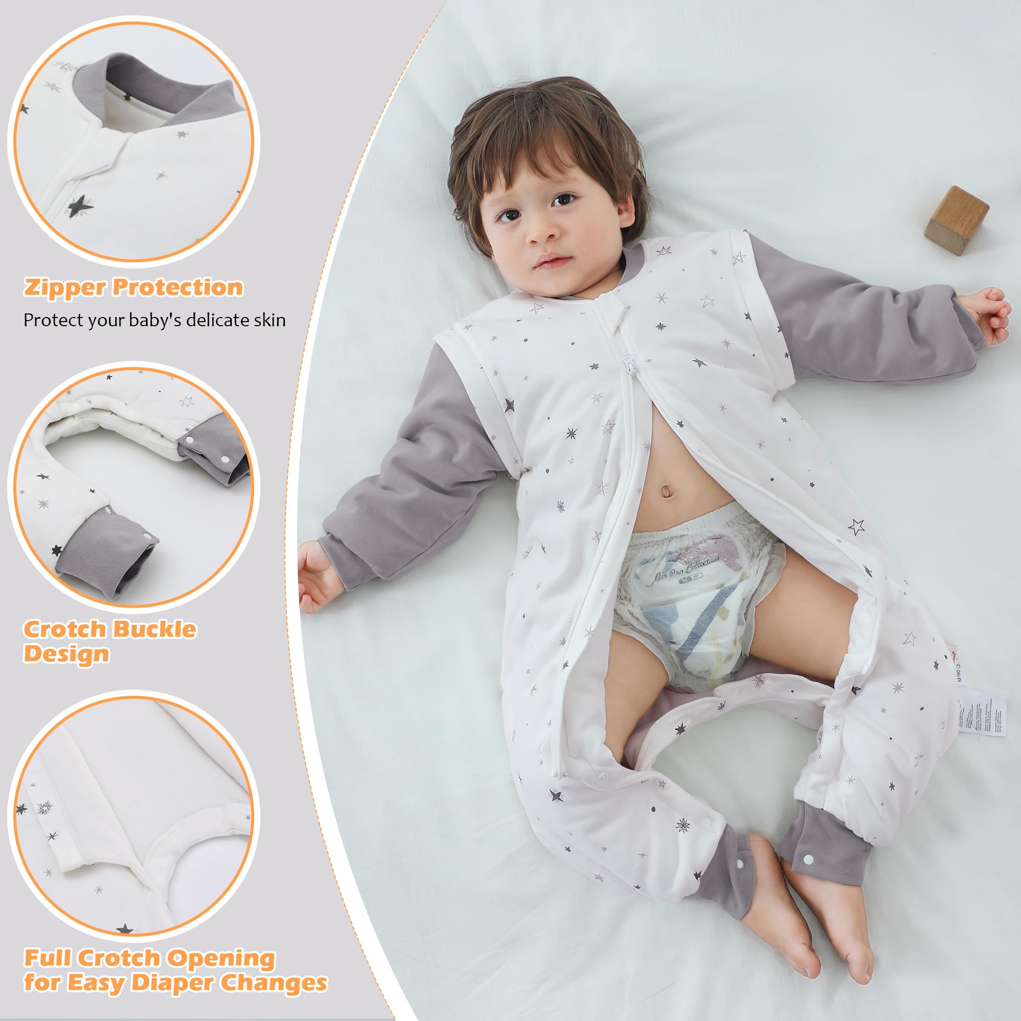 LAT Baby Sleep Bag with Feet Winter, Wearable Blanket with Legs, Warm Sack for Toddler Thicken 2.5 TOG-Sleepsuit Removable Sleeves-Hip Open With Buckle(Gray+White Stars,XS/70)