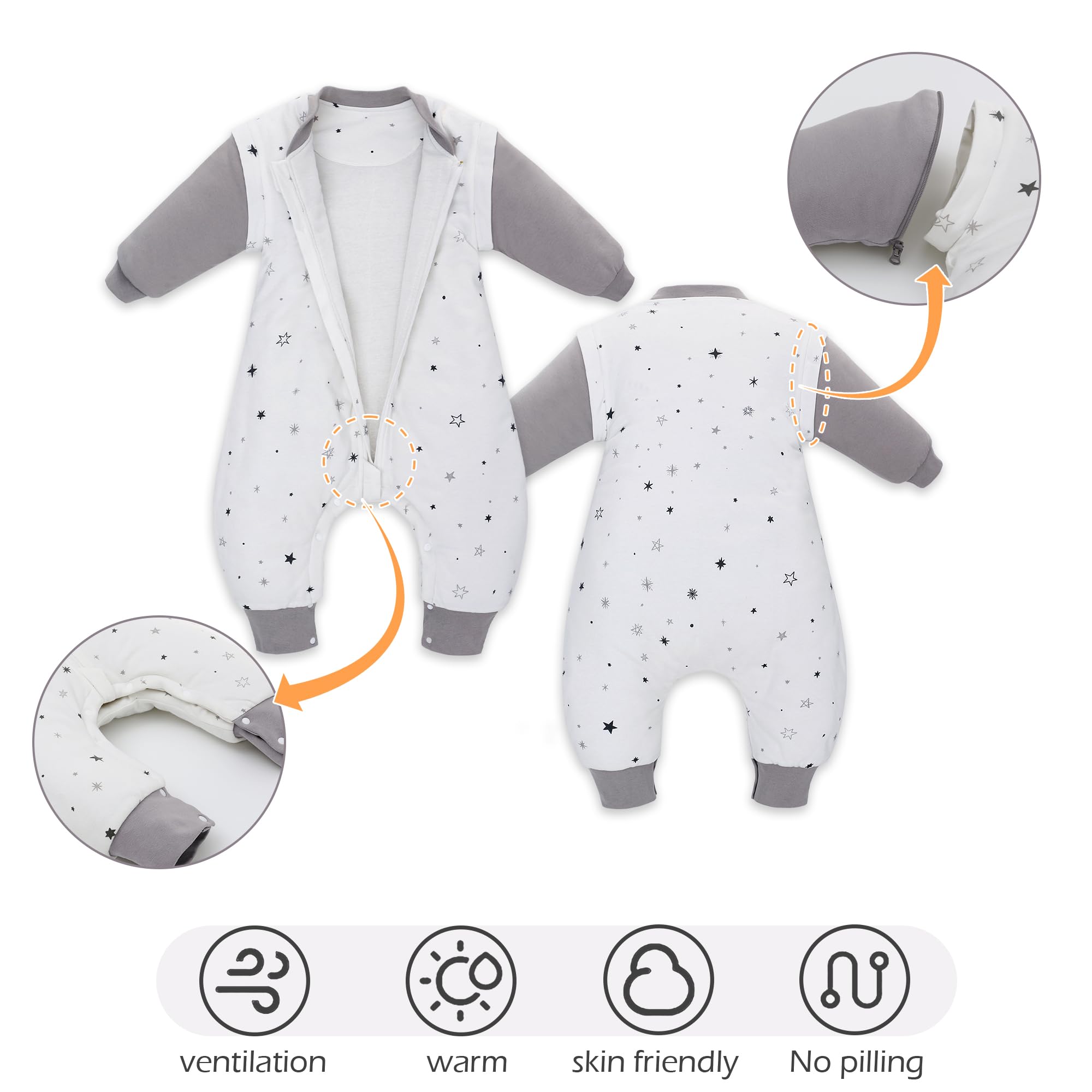 LAT Baby Sleep Bag with Feet Winter, Wearable Blanket with Legs, Warm Sack for Toddler Thicken 2.5 TOG-Sleepsuit Removable Sleeves-Hip Open With Buckle(Gray+White Stars,XS/70)