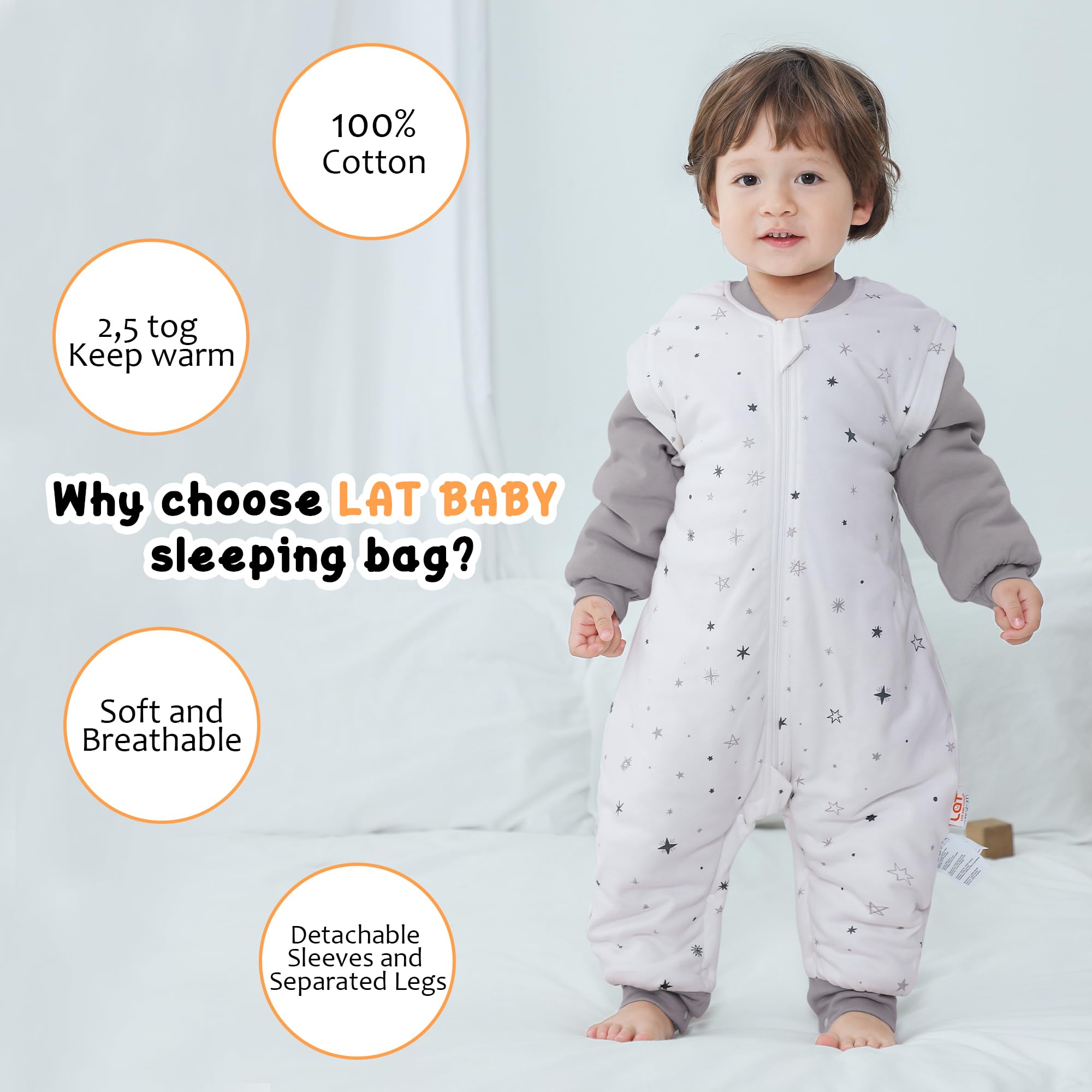 LAT Baby Sleep Bag with Feet Winter, Wearable Blanket with Legs, Warm Sack for Toddler Thicken 2.5 TOG-Sleepsuit Removable Sleeves-Hip Open With Buckle(Gray+White Stars,XS/70)