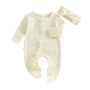 newborn baby boy girl footie romper jumpsuit zipper solid sleep and play pajamas one piece romper jumpsuit playsuit (beige, newborn)