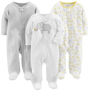 simple joys by carter's baby 3-pack neutral sleep and play, light grey mini stripe/white elephant/giraffe, 0-3 months