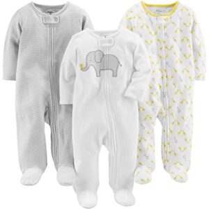 Simple Joys by Carter's Baby 3-Pack Neutral Sleep and Play, Light Grey Mini Stripe/White Elephant/Giraffe, 0-3 Months