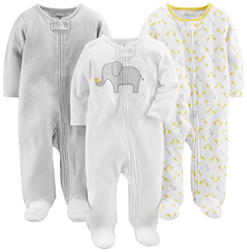 Simple Joys by Carter's Baby 3-Pack Neutral Sleep and Play, Light Grey Mini Stripe/White Elephant/Giraffe, 0-3 Months