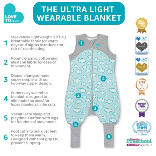 Love to Dream Lite Organic Baby Sleep Suit (12-24 Mo), Super Soft Temp Regulating Sleeping Suit, 0.2TOG Lightweight Wearable Blanket, Turquoise