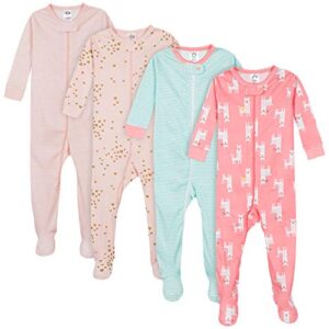 gerber baby girls' 4-pack footed pajamas, love llamas pink, 6 months