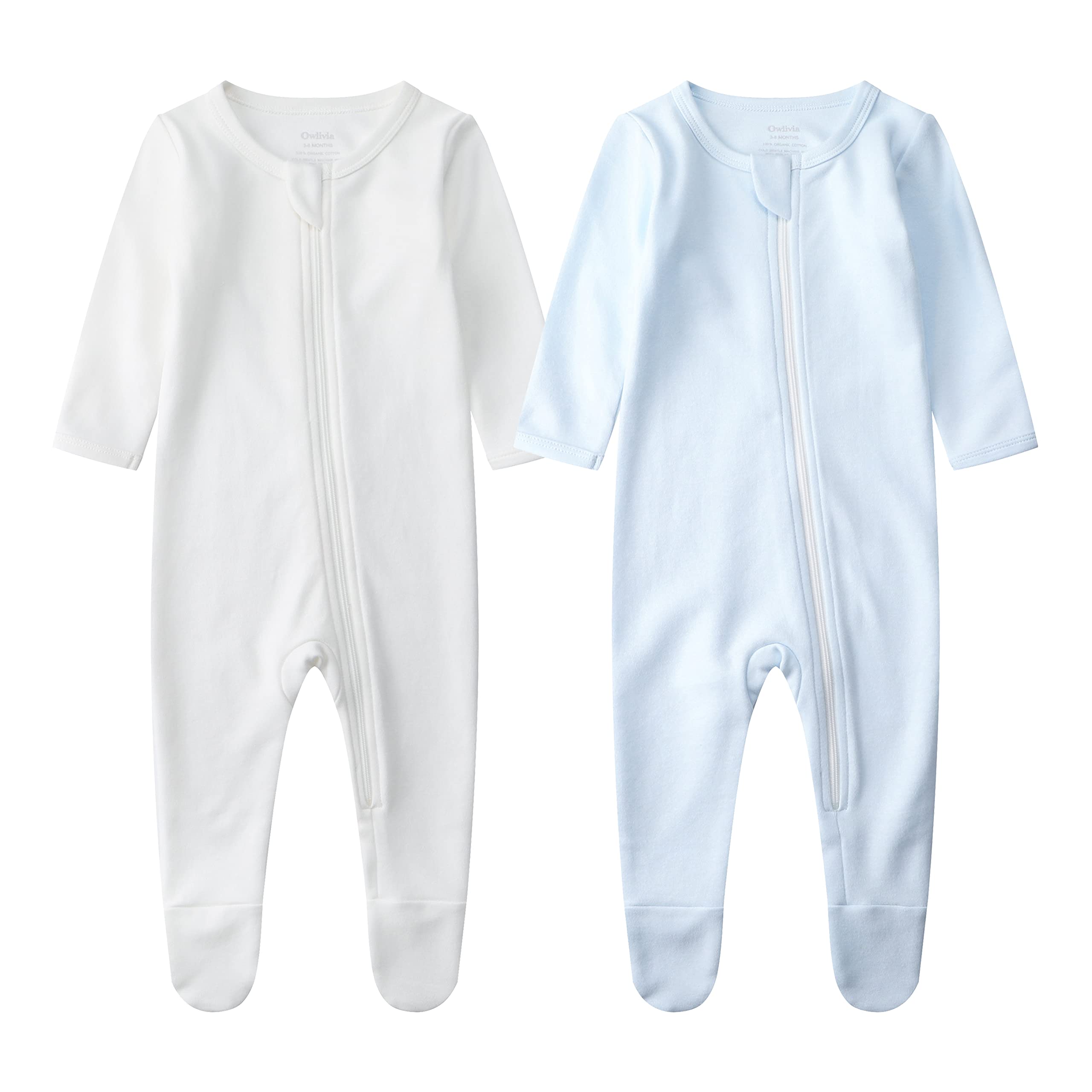 Owlivia Organic Cotton Baby Pajamas, Boys Girls 2-Pack Zip Front Sleep 'N Play, Footed Sleeper, Long Sleeve(Newborn, white+blue)