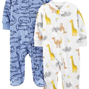 Simple Joys by Carter's Baby Boys' 2-Pack Fleece Footed Sleep and Play, Blue Alligator/White Giraffe, 3-6 Months