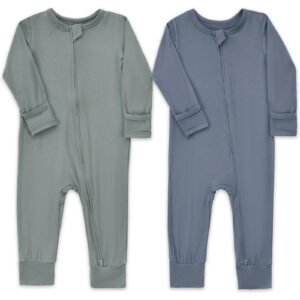 aablexema baby footless pajamas zipper with mitten, rayon from bamboo, infant long sleeve romper pjs(olive & moonlight blue,0-3m)