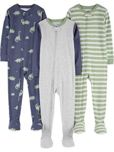 simple joys by carter's toddler boys' snug-fit footed cotton pajamas, pack of 3, green stripe/grey heather/indigo wash dinosaur, 3t