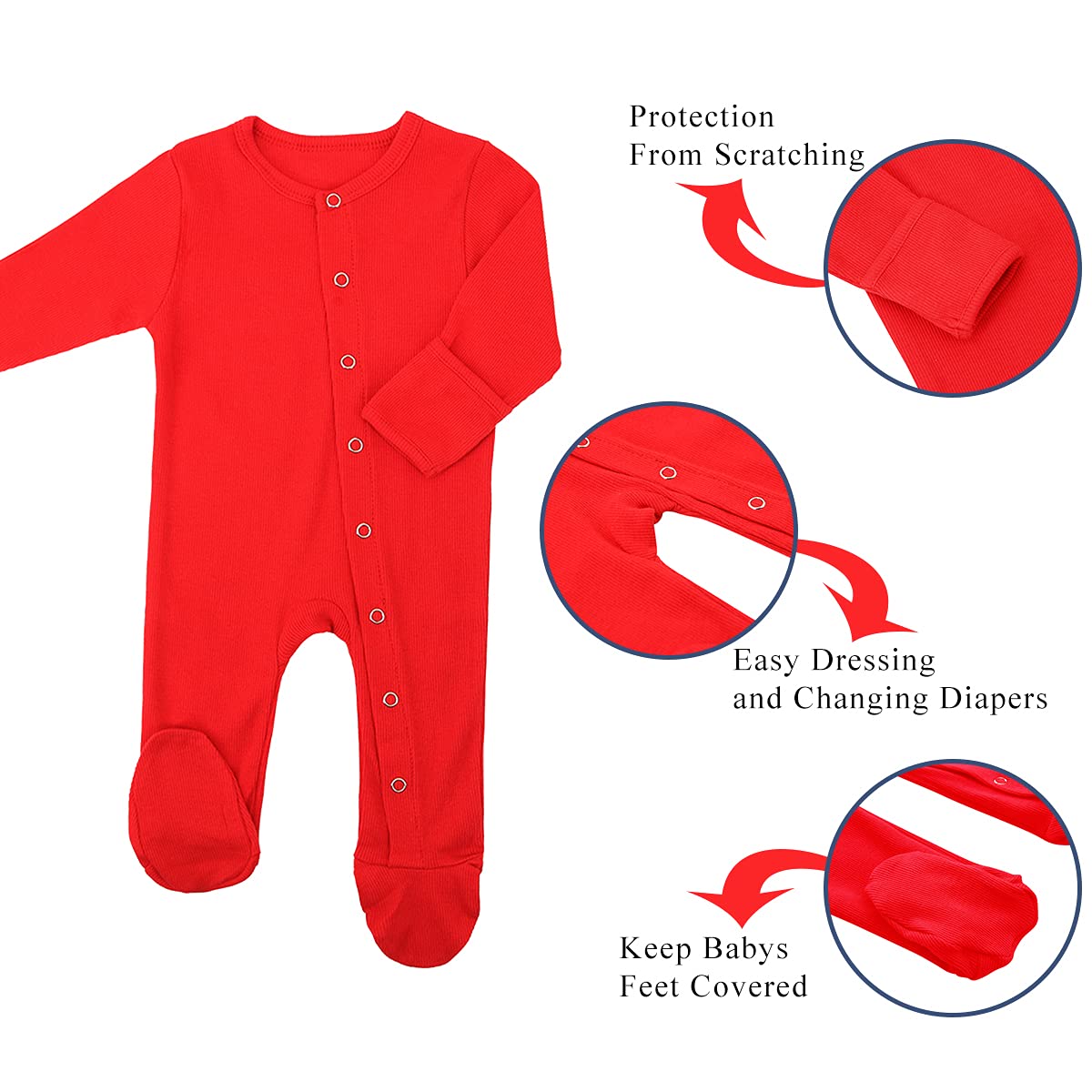 KISBINI Baby Footed Pajamas with Mitten Cuffs Unisex Cotton Snap-up Romper Jumpsuit Sleep and Play 0-12 Months Footies