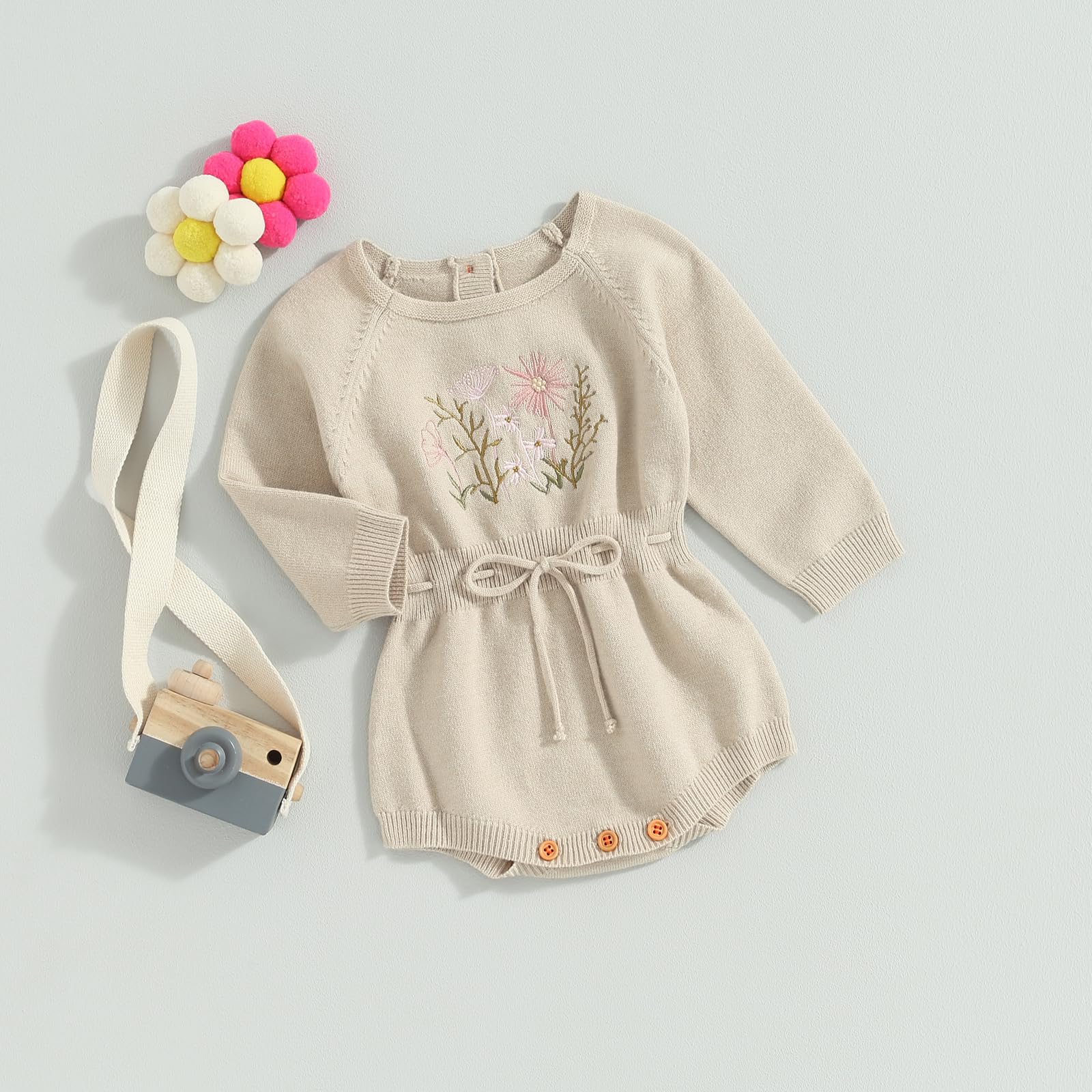 ZAXARRA Baby Girl Sweater Romper Baby Girl Knit Sweater Embroidery Flower Sweatshirt Romper Infant Fall Clothes (Apricot, 0-6 Months)