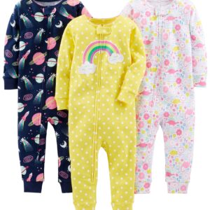 Simple Joys by Carter's Girls' 3-Pack Snug Fit Footless Cotton Pajamas, Navy Space/White Dinosaur/Yellow Dots, 24 Months