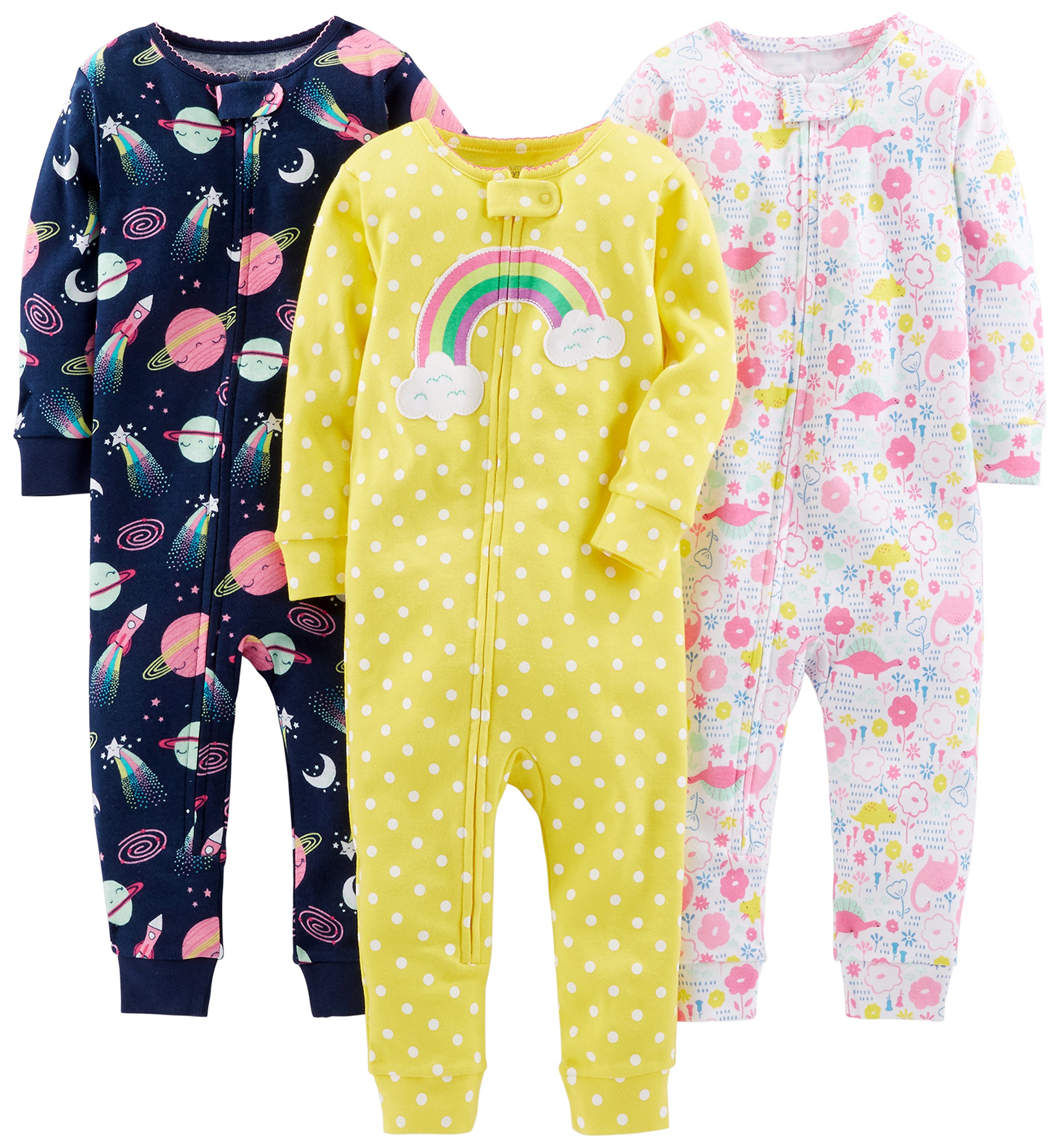 Simple Joys by Carter's Girls' 3-Pack Snug Fit Footless Cotton Pajamas, Navy Space/White Dinosaur/Yellow Dots, 24 Months