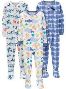 simple joys by carter's baby boys' 3-pack snug fit footed cotton pajamas, sea life/shark/tie dye, 3t