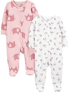 simple joys by carter's baby girls' 2-way zip thermal footed sleep and play, pack of 2, pink elephant/white floral, 6-9 months