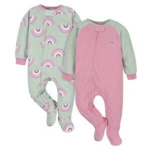 gerber baby girls toddler loose fit flame resistant fleece footed pajamas 2-pack rainbow green 18 months