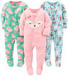 simple joys by carter's baby girls' 3-pack loose fit flame resistant fleece footed pajamas, blue penguin/green pig/pink fox, 12 months