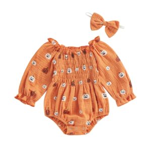 farrubbyine8 baby girl halloween outfit cute pumpkin romper long sleeve bodysuit first halloween outfit newborn girl fall clothes (orange, 0-6 months)