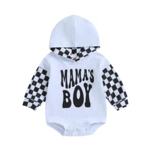 xiqaalombvt mamas boy infant baby fall clothes hoodie pullover sweatshirt romper color block long sleeve romper outfit (mamas boy black checkered, 6-12 months)