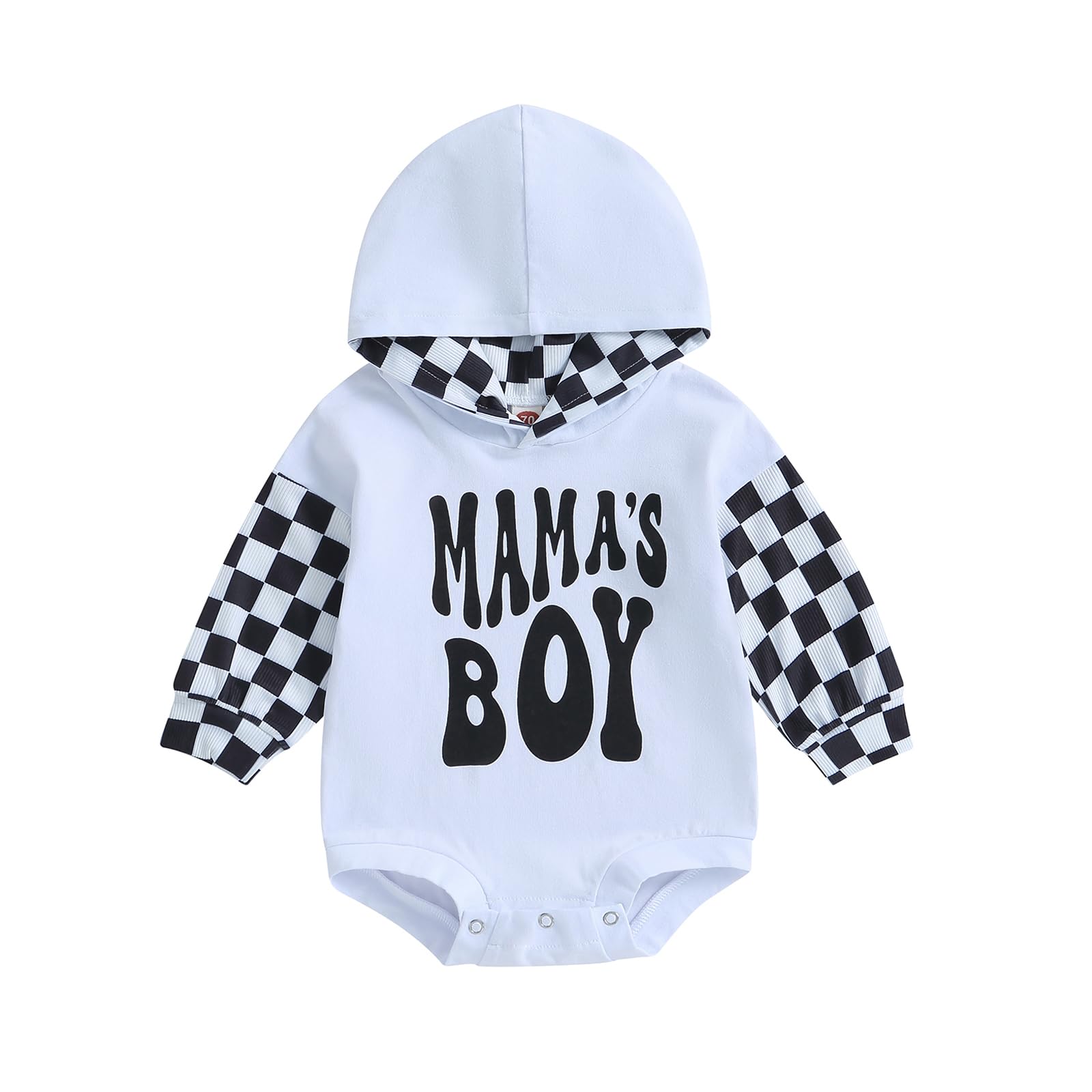 xiqaalombvt Mamas Boy Infant Baby Fall Clothes Hoodie Pullover Sweatshirt Romper Color Block Long Sleeve Romper Outfit (Mamas Boy Black Checkered, 6-12 Months)