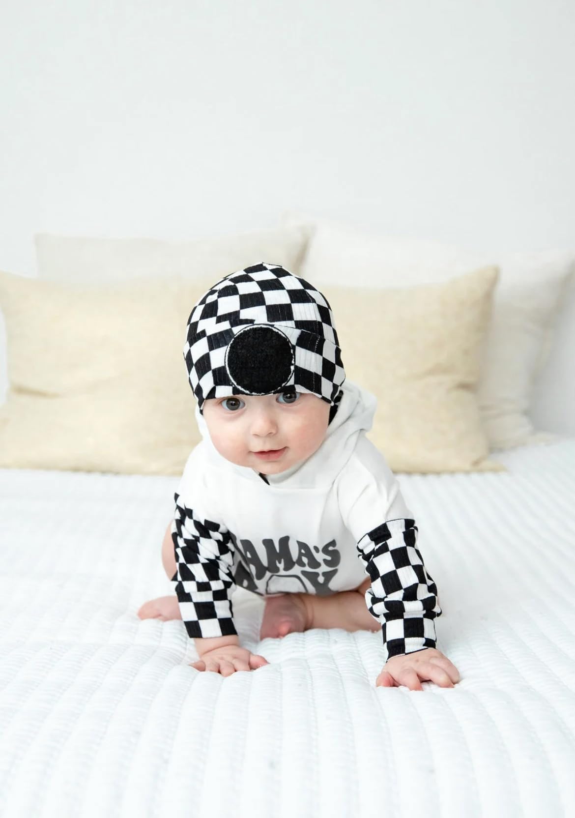 xiqaalombvt Mamas Boy Infant Baby Fall Clothes Hoodie Pullover Sweatshirt Romper Color Block Long Sleeve Romper Outfit (Mamas Boy Black Checkered, 6-12 Months)