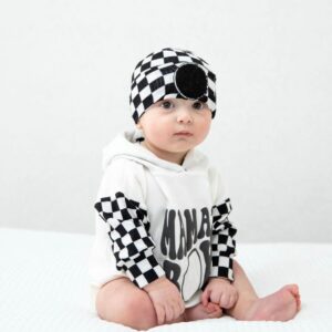 xiqaalombvt Mamas Boy Infant Baby Fall Clothes Hoodie Pullover Sweatshirt Romper Color Block Long Sleeve Romper Outfit (Mamas Boy Black Checkered, 6-12 Months)