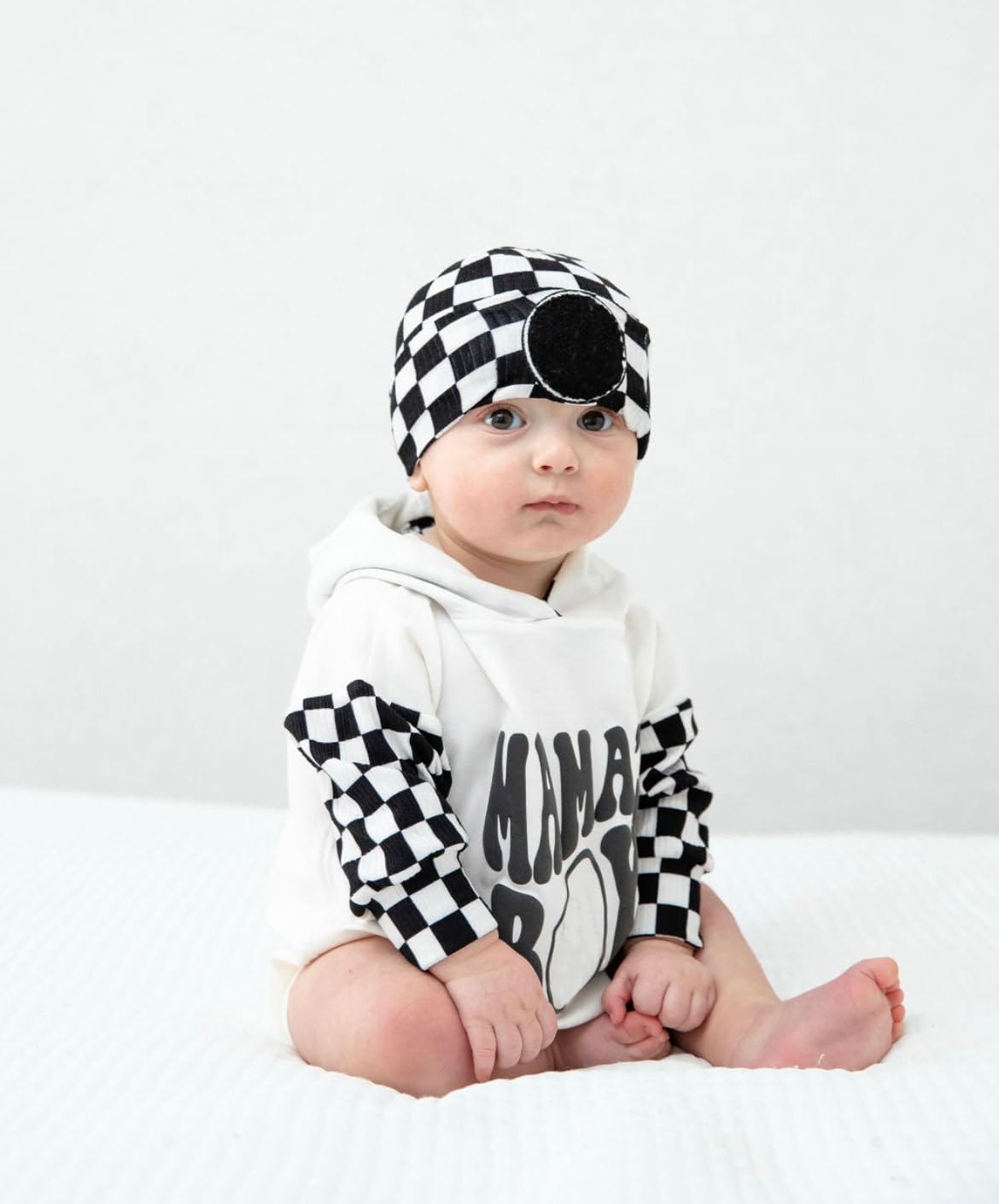 xiqaalombvt Mamas Boy Infant Baby Fall Clothes Hoodie Pullover Sweatshirt Romper Color Block Long Sleeve Romper Outfit (Mamas Boy Black Checkered, 6-12 Months)