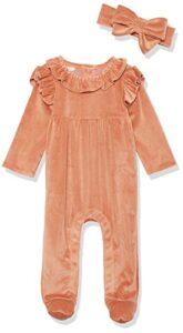 mud pie baby girl velour footed sleeper and headband set, peach, 6-9 months