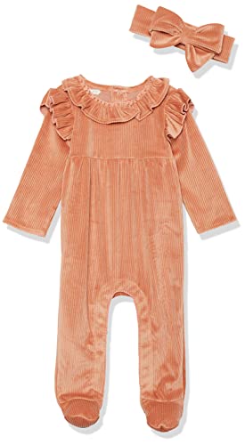 Mud Pie Baby Girl Velour Footed Sleeper and Headband Set, Peach, 6-9 Months