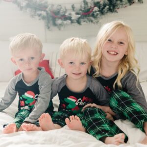 IFFEI Family Matching Pajamas Set Christmas Dinosaur and Green Plaid Print Long-sleeve Sleepwear Pet