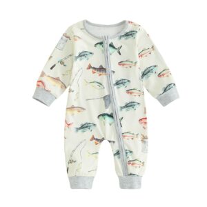 lamuusaa western baby girl boy clothes long sleeve cow print romper zipper bodysuit jumpsuit one piece fall winter outfit (fish-white, 0-6 months)