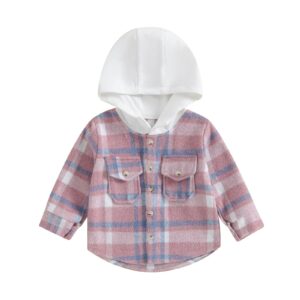 amiblvowa toddler baby boy girl fall winter clothes flannel hooded plaid shirt jacket button down shacket 6 12 18 months 2t 3t 4t (pink purple, 18-24 months)