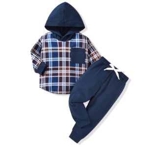 hintina 3t toddler little boy plaid sweatsuit outfits long sleeve hooded sweatshirt hoodie fall winter clothes clothing set 3-4t