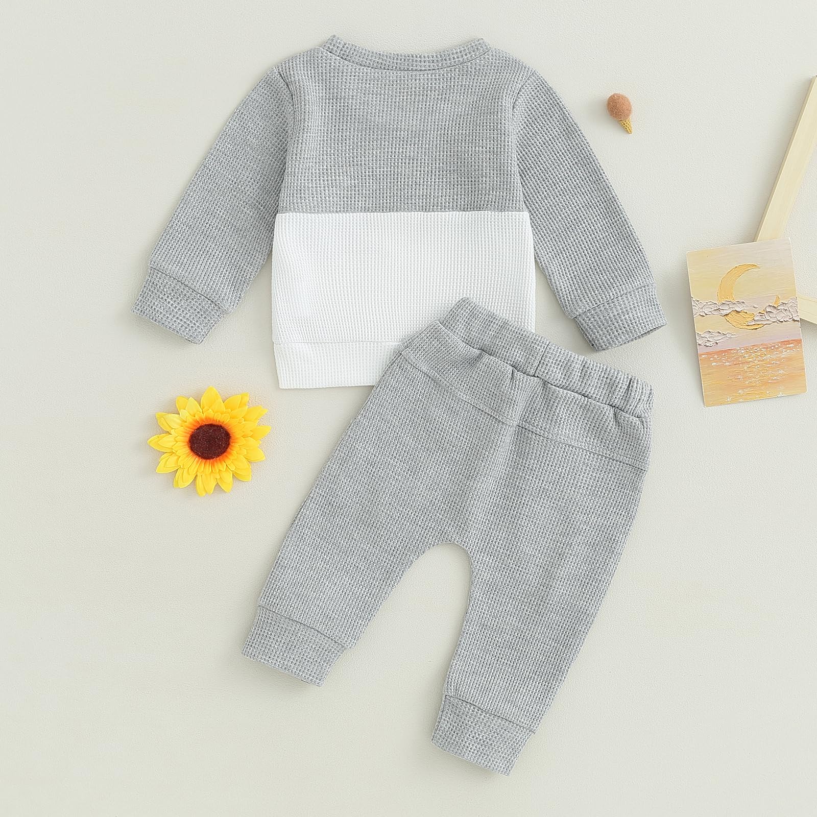 One opening 0-3T Toddler Baby Boy Clothes Patchwork Waffle Sweatshirt Pullover Shirt Top Long Pants Infant Boy Fall Winter Outfit (Gray, 0-6 months)