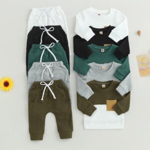 One opening 0-3T Toddler Baby Boy Clothes Patchwork Waffle Sweatshirt Pullover Shirt Top Long Pants Infant Boy Fall Winter Outfit (Gray, 0-6 months)