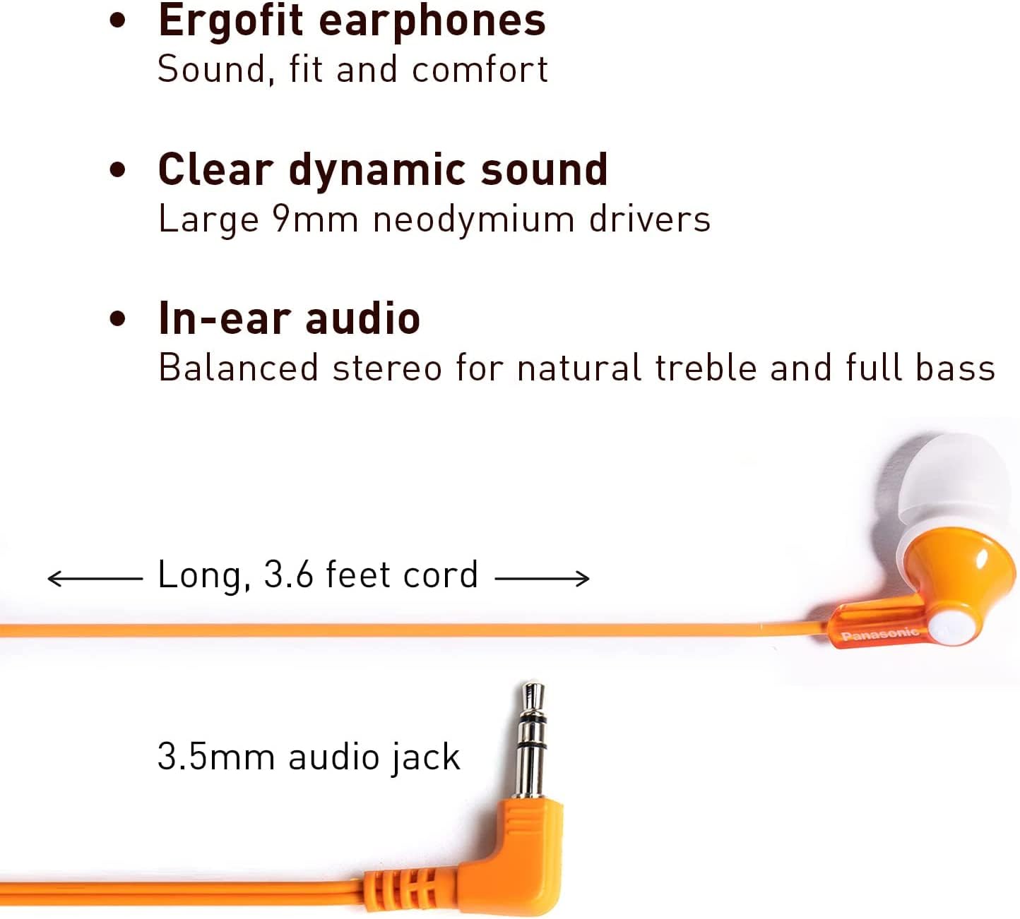 Panasonic ErgoFit In-Ear Earbud Headphones RP-HJE120-D (Orange) Dynamic Crystal Clear Sound, Ergonomic Comfort-Fit