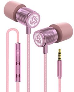 ludos ultra wired earbuds in-ear headphones, 5 years warranty, earphones with microphone, noise isolating ear buds, memory foam for iphone, samsung, school students, kids, women, small ears - pink