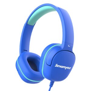 jimonyer kids headphones for school, 3.5mm jack wired headphones for kids with safe volume limiter, hd stereo sound on-ear girls boys toddler headphones for tablet, ipad, kindle(blue)