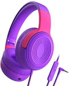 elecder kids headphones, s8 wired headphones for kids with microphone for boys girls, adjustable 85db/94db volume limited, 3.5 mm jack for school/kindle/smartphones/tablet/airplane travel(purple/red)