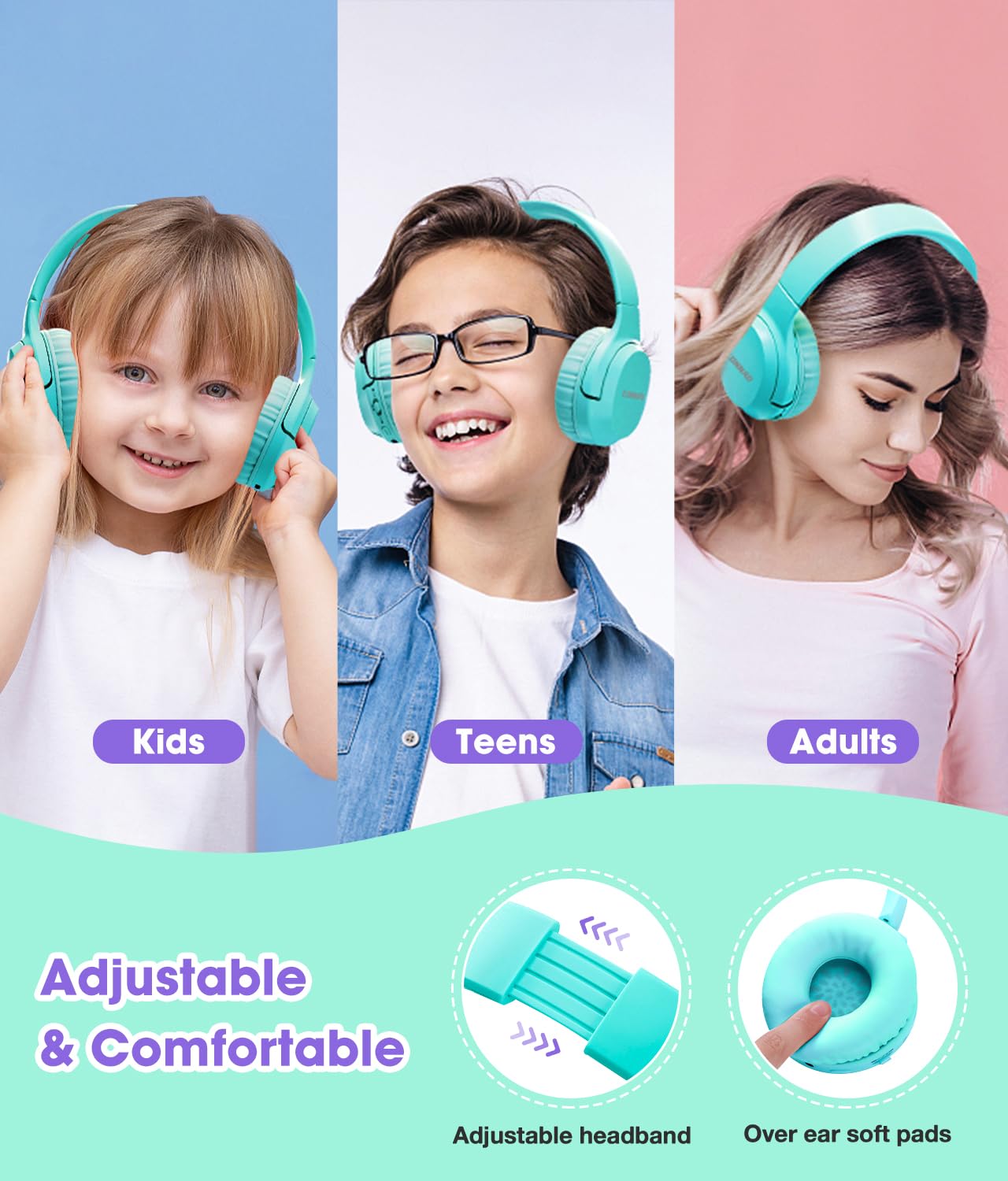 KONNAO Kids Headphones Wireless 60H, Foldable On Ear Headphone with MIC, Volume Limiter 85dB/94dB Wireless & Wired Headphones, Over-Ear Headphone for Kid Adult School Online Class Travel, Green