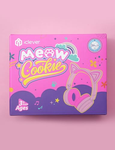 iClever Kids Bluetooth Headphones, Light Up Cat Ear, Safe Volume 74/85dBA,60H Playtime,Bluetooth 5.3,USB C Charging,Wireless Kids Headphones AUX Cord for iPad Tablets School Travel,Meow Cookies-Purple