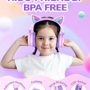 iClever Kids Bluetooth Headphones, Light Up Cat Ear, Safe Volume 74/85dBA,60H Playtime,Bluetooth 5.3,USB C Charging,Wireless Kids Headphones AUX Cord for iPad Tablets School Travel,Meow Cookies-Purple