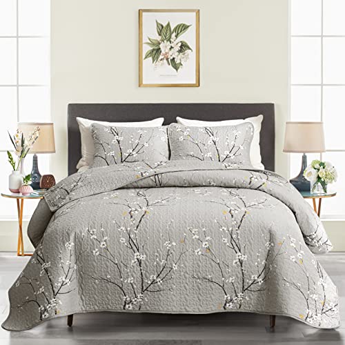 3 Pieces Quilt Set Queen Full Size 88x88 Gray Branch Floral Style Soft Reversible Microfiber Lightweight Coverlet Bedspread Summer Bedding Set Bed Cover for All Season (1 Quilt+ 2 Shams)